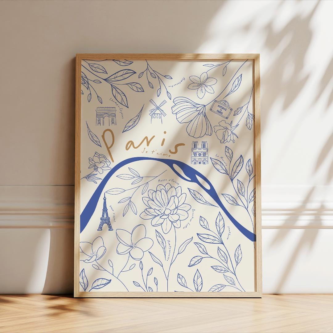 Paris Poster Travel Map, Paris France Flower Print, French Retro Wall ...