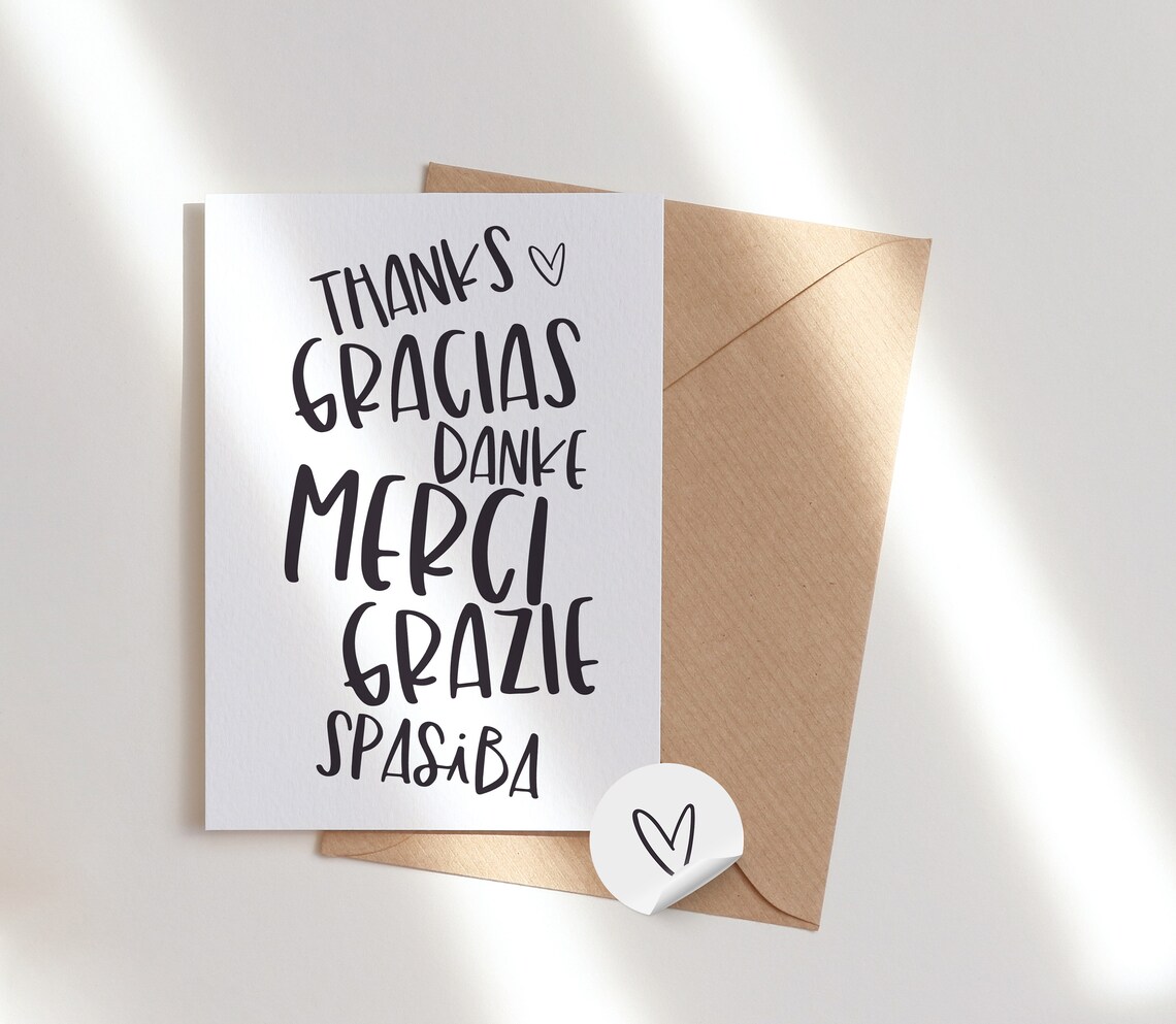 Thank You Card, Thank You Languages Card, Merci, Gracias, Danke, Grazie ...
