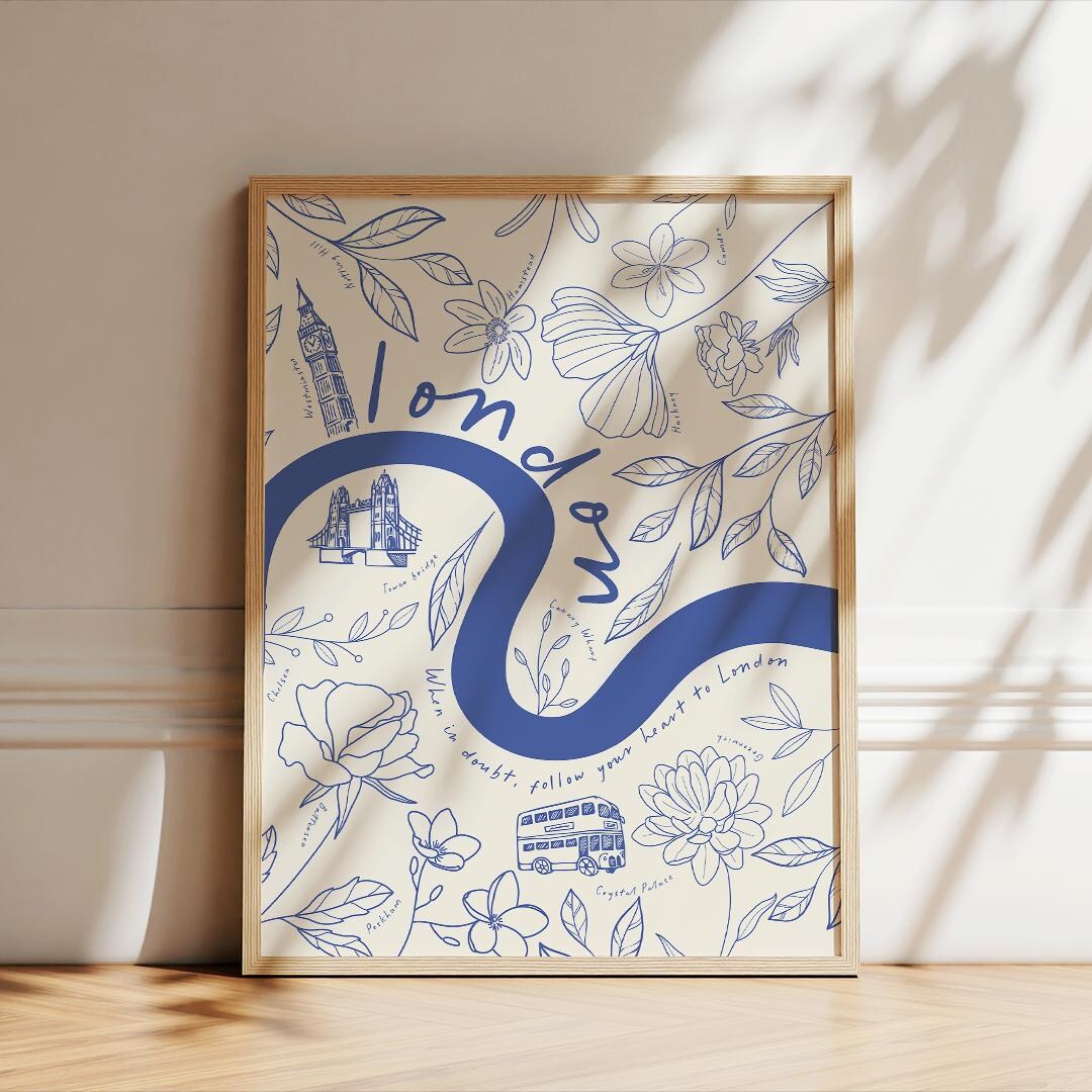London Poster Travel Map, London England Flower Print, Flowers Retro ...