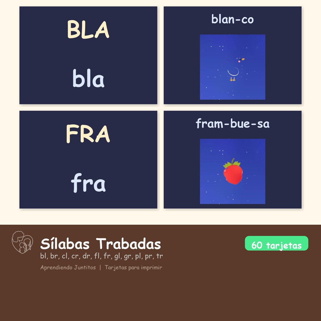 Sílabas Trabadas - 60 Tarjetas Imprimibles Español - Flashcards ...