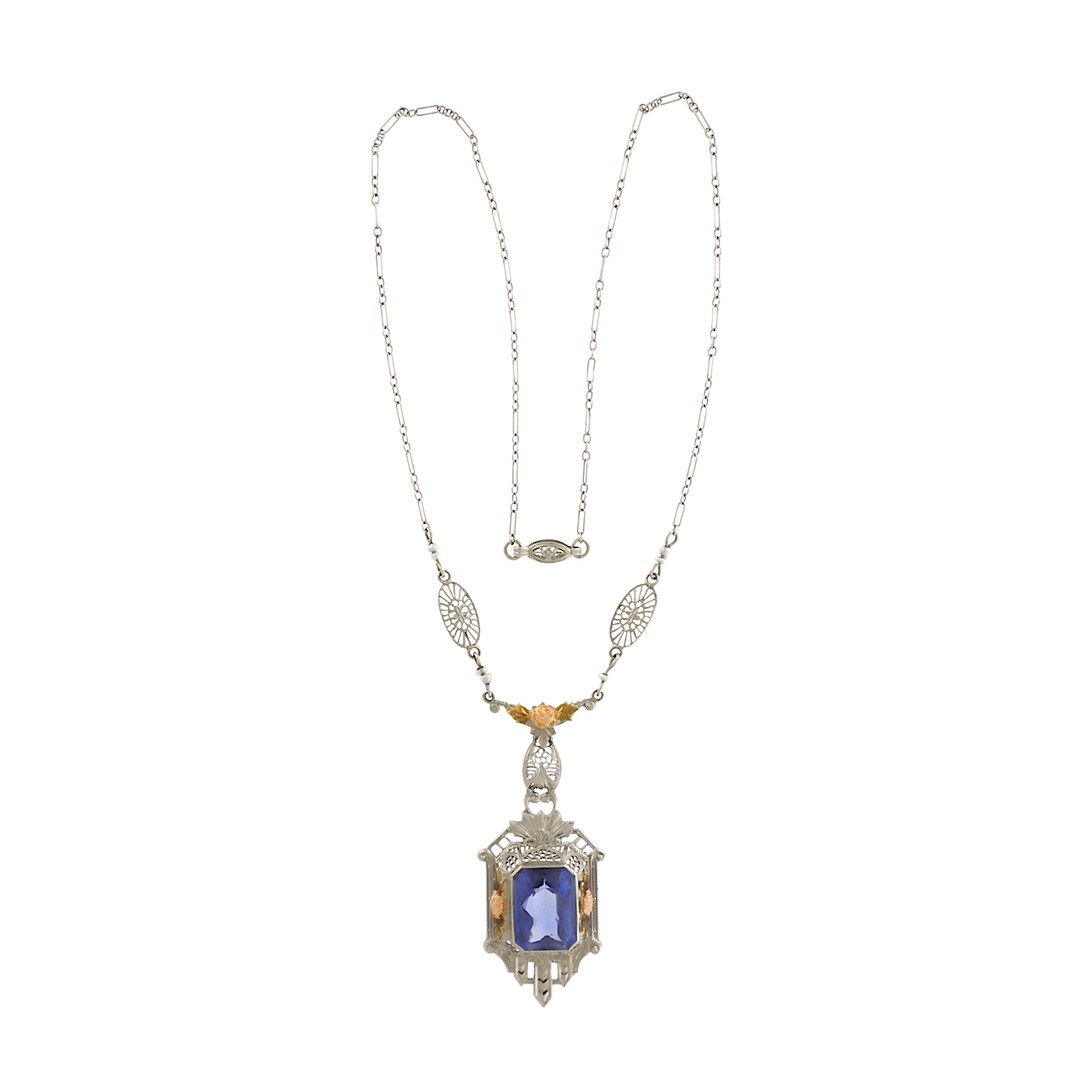 Fabulous Art Deco Tri-color Filigree Necklace Pendant With Synthetic ...