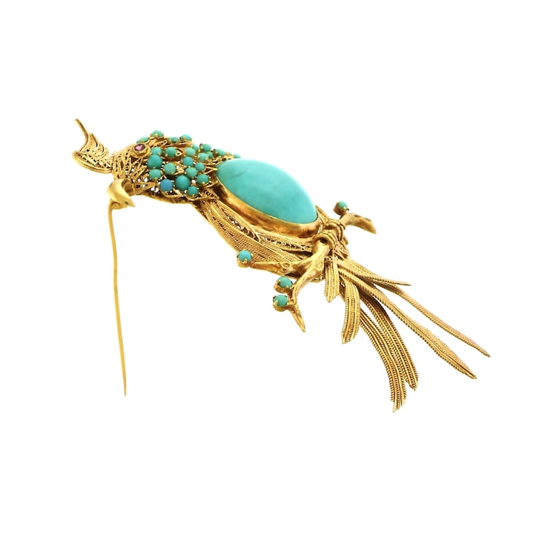Vintage Persian Turquoise Cockatiel Brooch With Ruby Eye in 14k Yellow ...