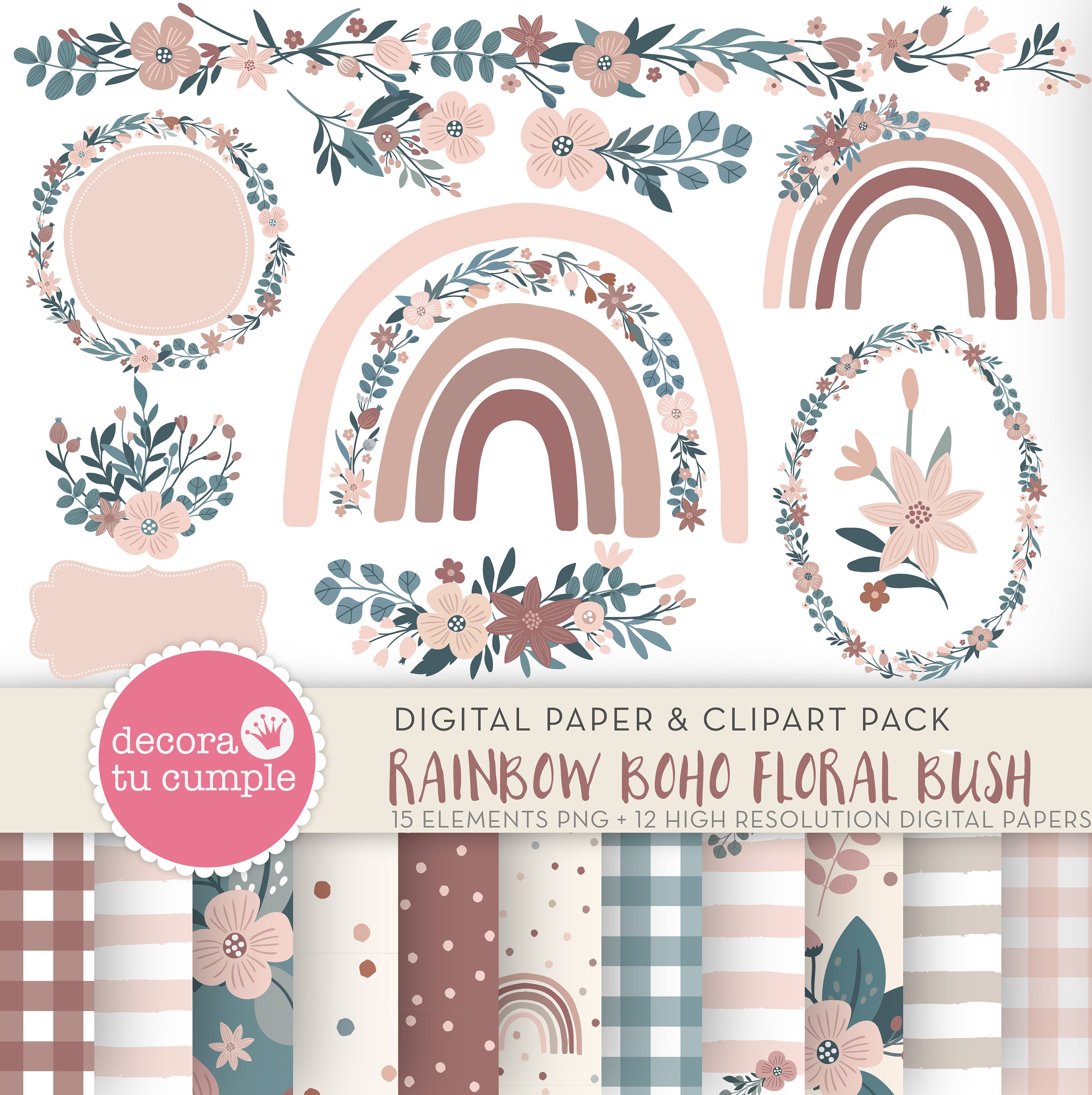 Boho Rainbow Floral Digital Papers and Cliparts Boho Rainbow | Etsy