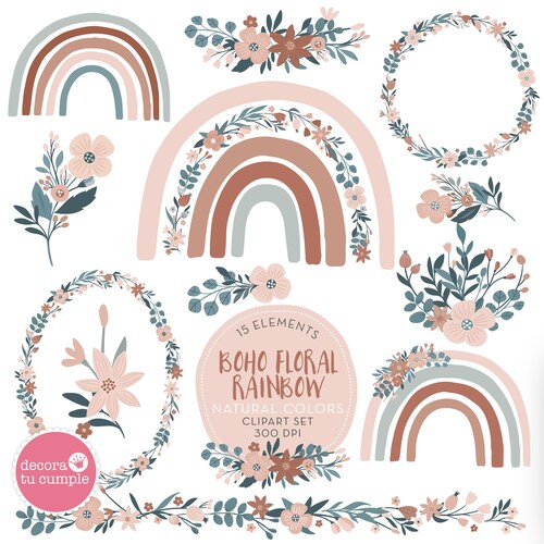 Boho Rainbow Floral Clipart Set Boho Rainbow Blush Dusty - Etsy