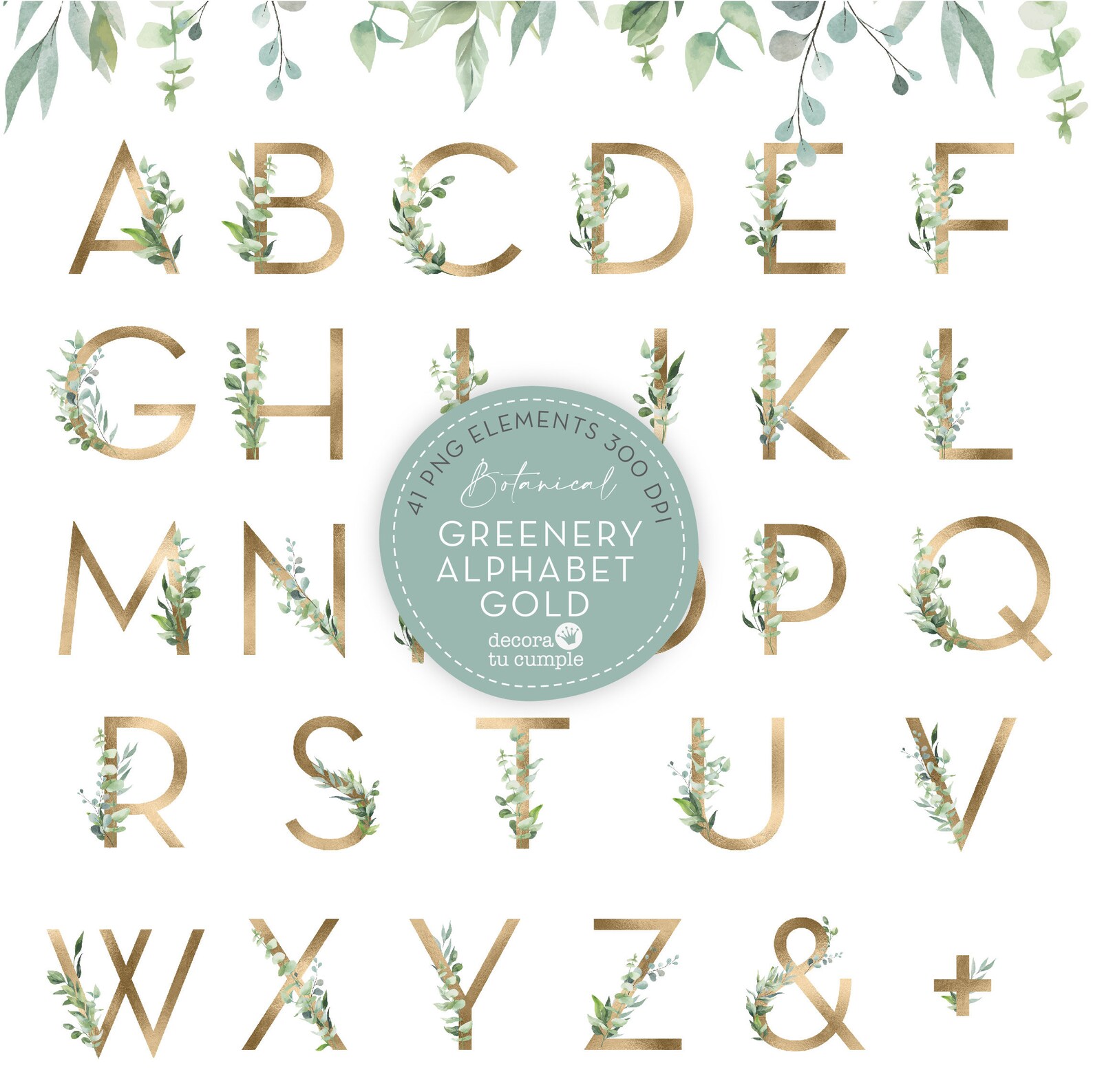 Gold Greenery Cliparts Leaves Watercolor Alphabet, Wedding Monogram ...