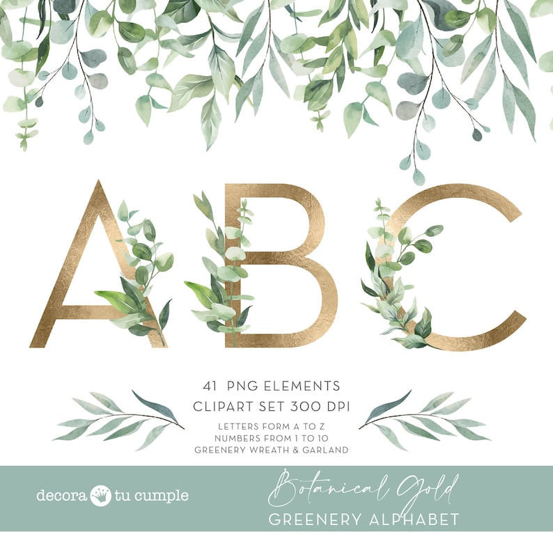 Gold Greenery Cliparts Leaves Watercolor Alphabet Wedding - Etsy