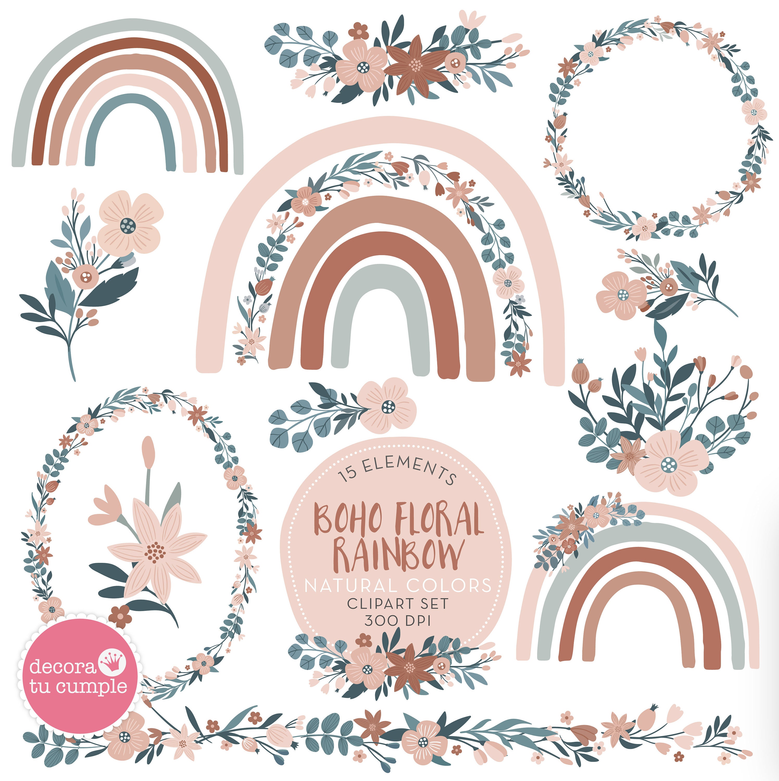 Boho Rainbow Floral Digital Papers and Cliparts Boho Rainbow - Etsy