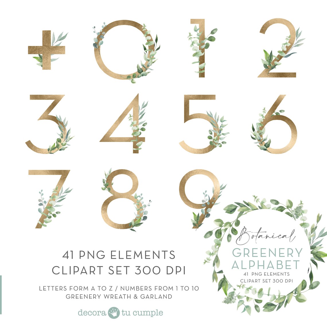 Gold Greenery Cliparts Leaves Watercolor Alphabet Wedding - Etsy