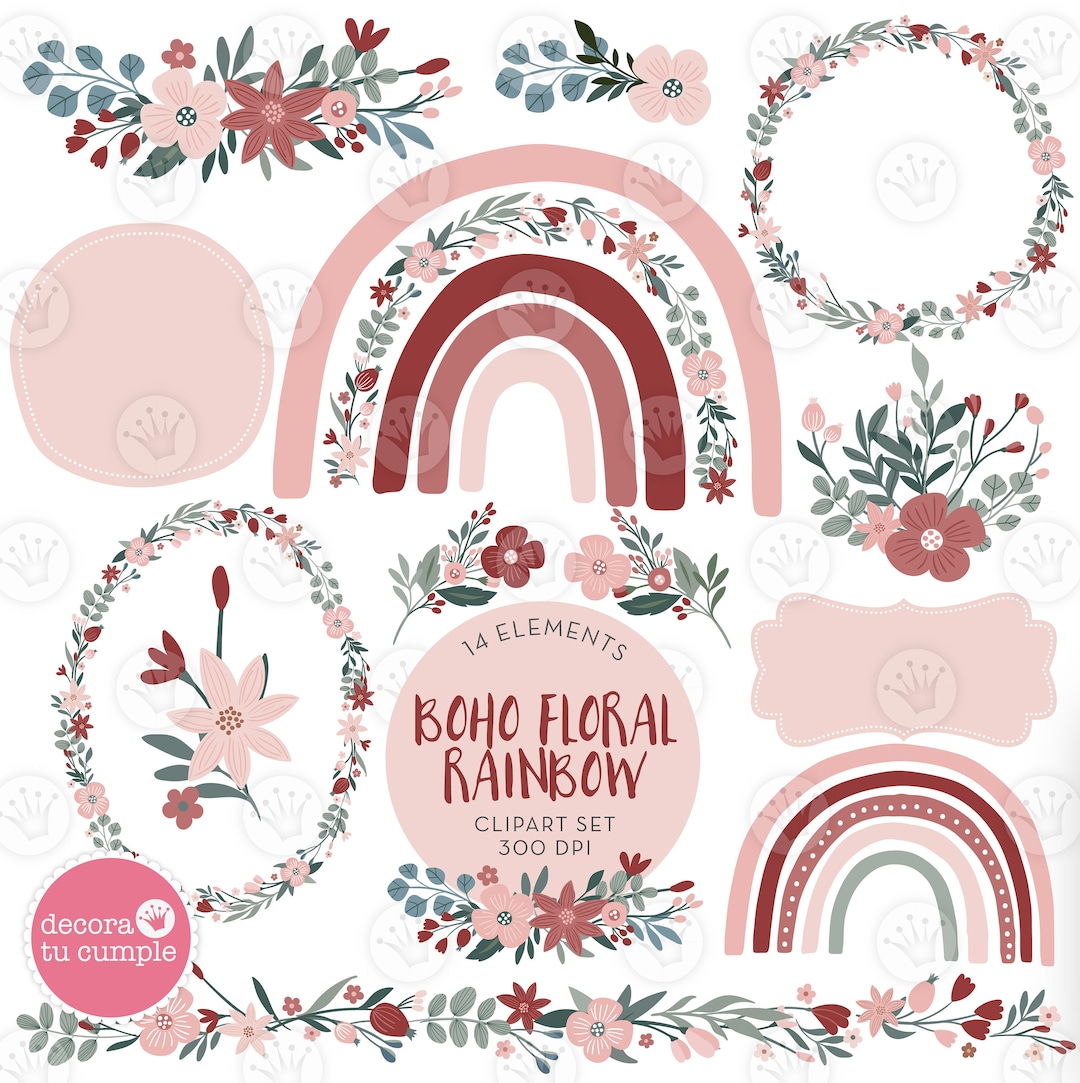 Boho Rainbow Floral Clipart Set, Boho Rainbow, Natural Colors, Pastel ...