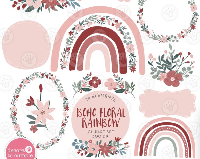 Boho Rainbow Floral Clipart Set Boho Rainbow Natural Colors - Etsy