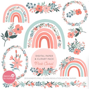 Boho Rainbow Floral Digital Papers and Cliparts, Boho Rainbow, Coral ...