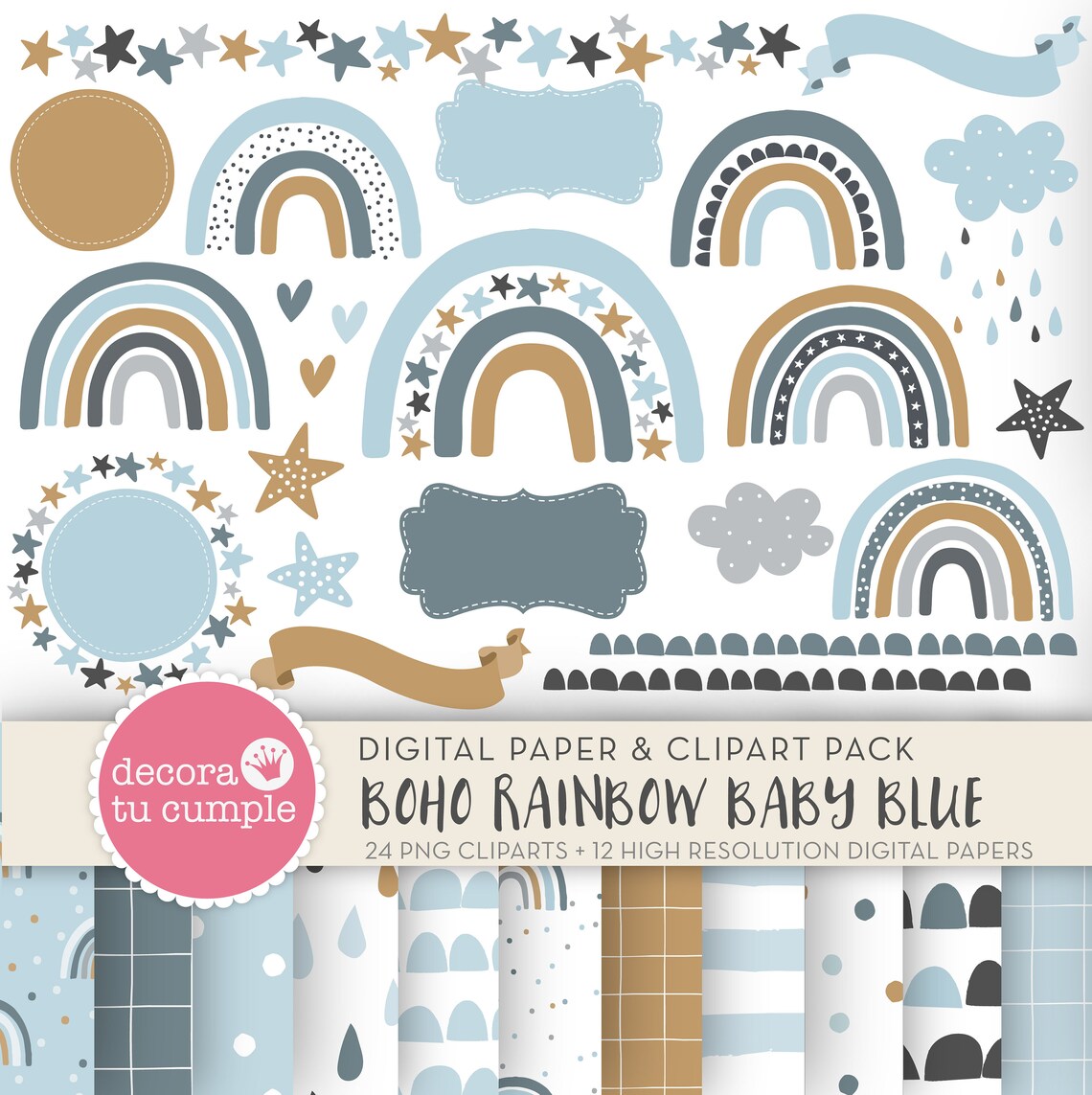 Scandinavian Boho Rainbow Stars Digital Papers and Cliparts | Etsy