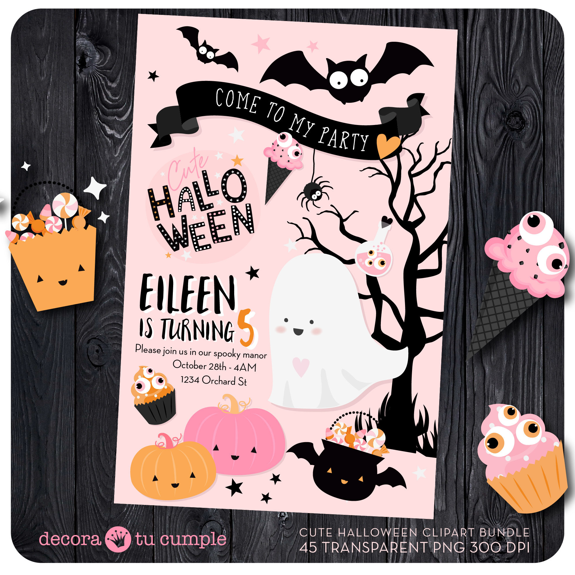 Cute Pink Halloween Clipart Set Transparent Background PNG - Etsy