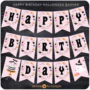 Happy Birthday Halloween Banner Pink Pink Ghost Birthday Party ...