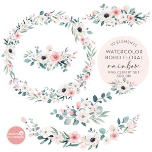 Boho Rainbow Floral Clipart Set, Watercolor Flowers (instant Download ...