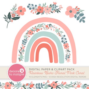 Boho Rainbow Floral Digital Papers and Cliparts, Boho Rainbow, Coral ...