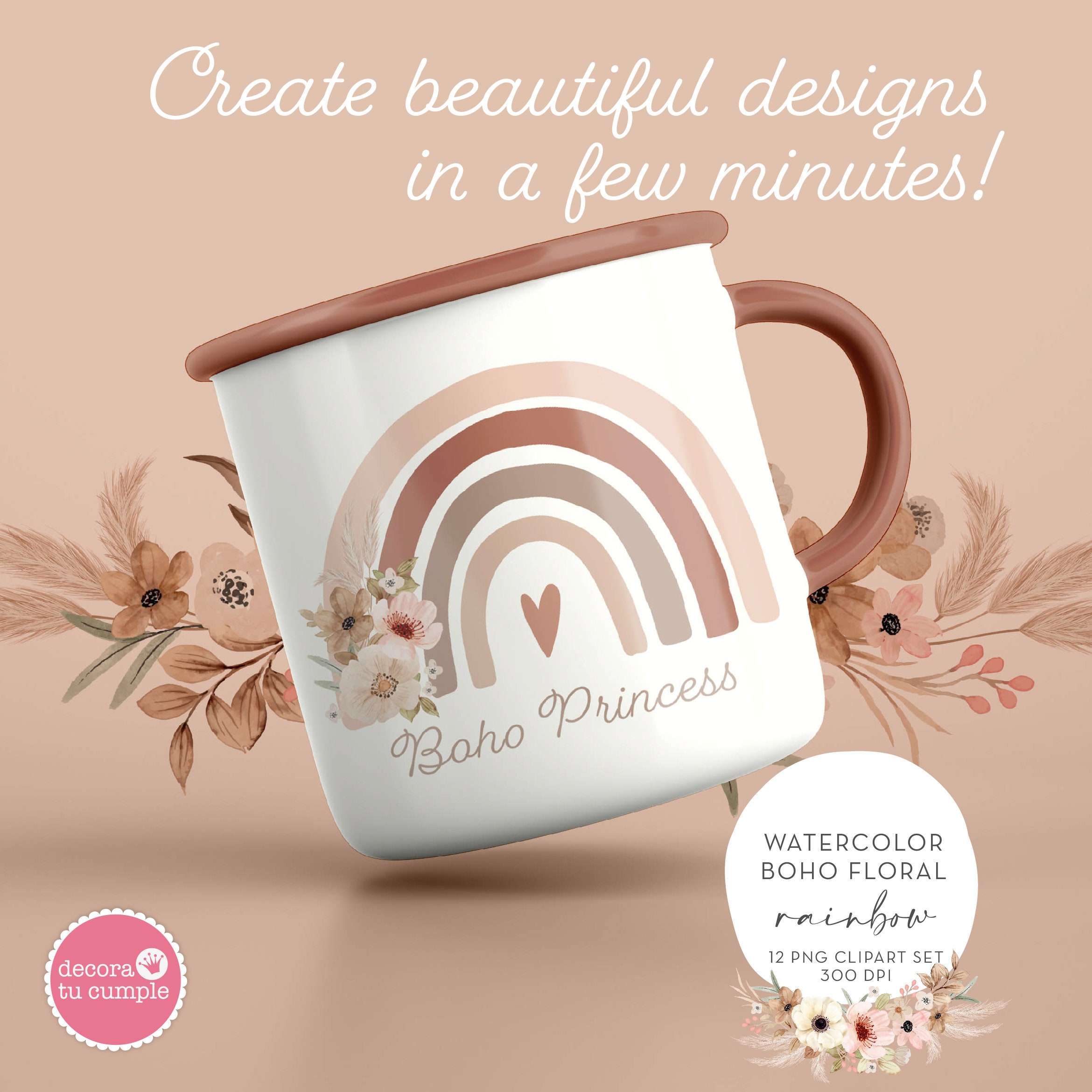 Boho Floral Rainbow Clipart and Papers, Neutral Watercolor (instant ...