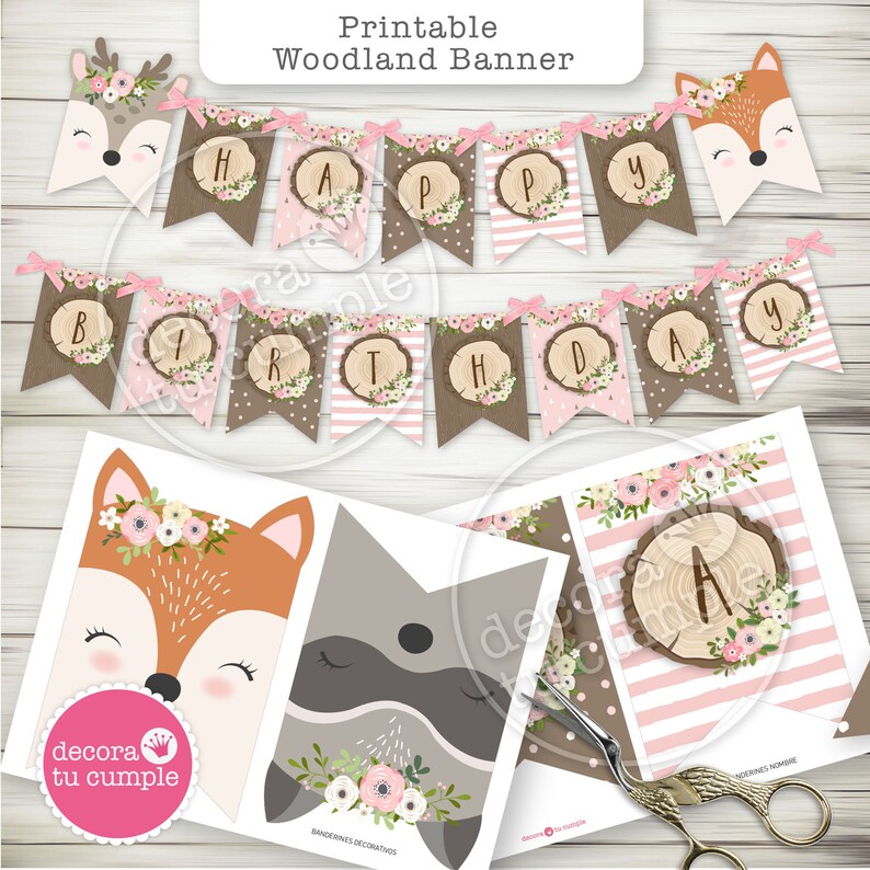 Woodland Animals Floral Printable Birthday Banner Bunting A - Etsy Canada