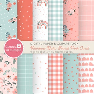 Boho Rainbow Floral Digital Papers and Cliparts, Boho Rainbow, Coral ...
