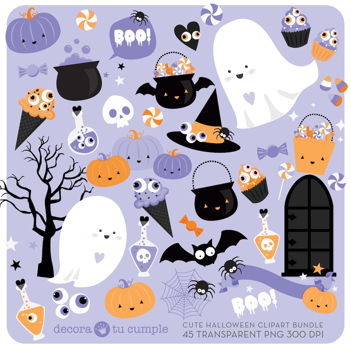 Cute Purple Halloween Clipart Set Transparent Background PNG - Etsy