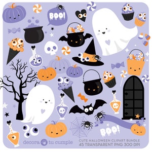 Cute Purple Halloween Clipart Set Transparent Background PNG, Pink ...