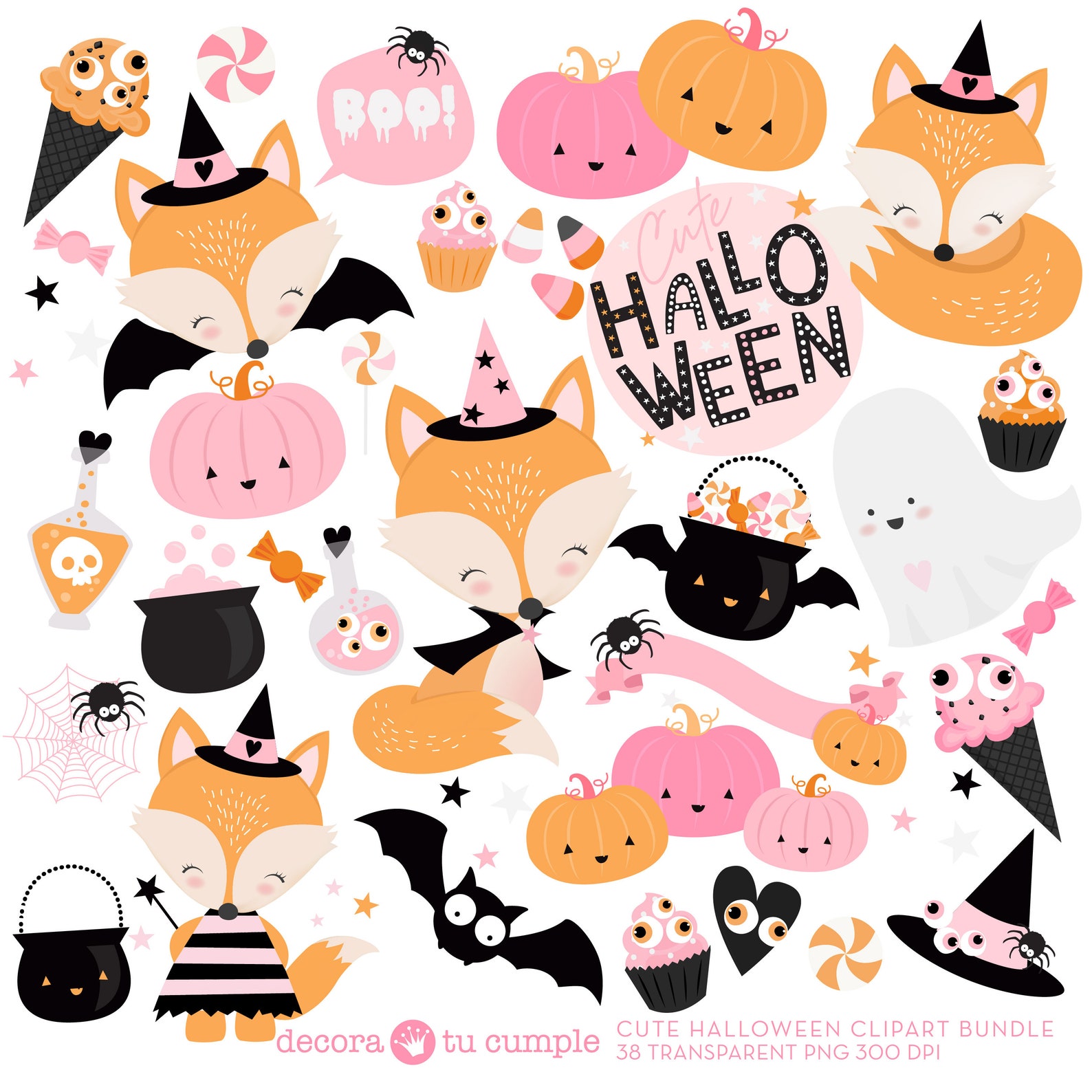 Cute Halloween Fox Woodland Clipart Set Pink Halloween | Etsy