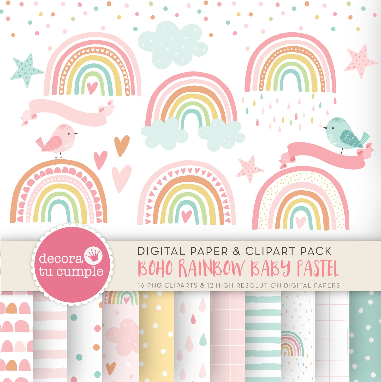 Boho Rainbow Pastel Colors Digital Papers and Cliparts - Etsy UK