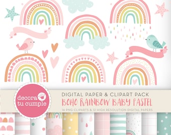 Boho Rainbow Floral Digital Papers and Cliparts Boho Rainbow | Etsy