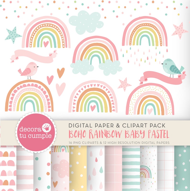 Boho Rainbow Pastel Colors Digital Papers and Cliparts - Etsy