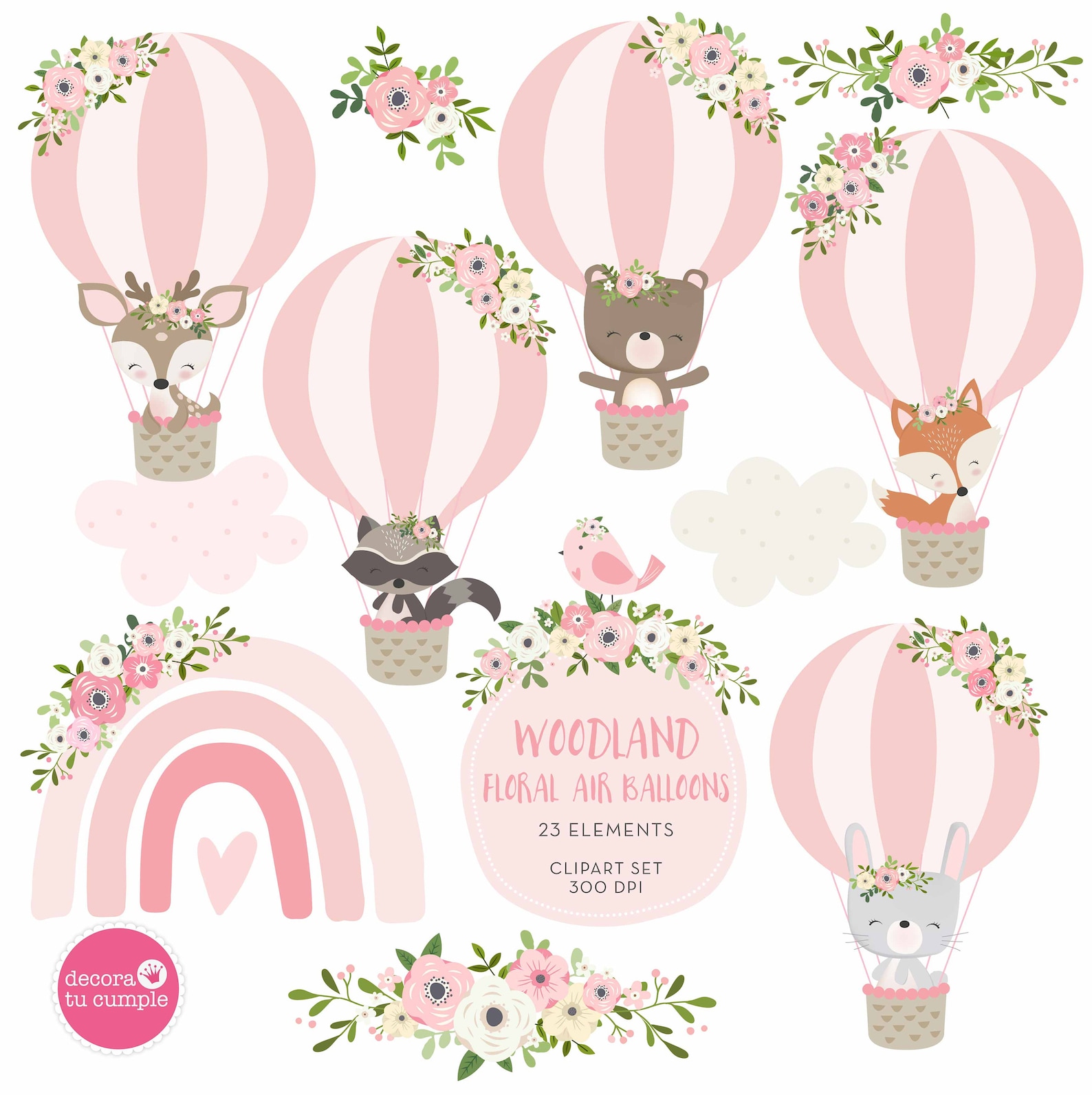 Hot Air Balloons Woodland Animals Floral Clipart Set - Etsy