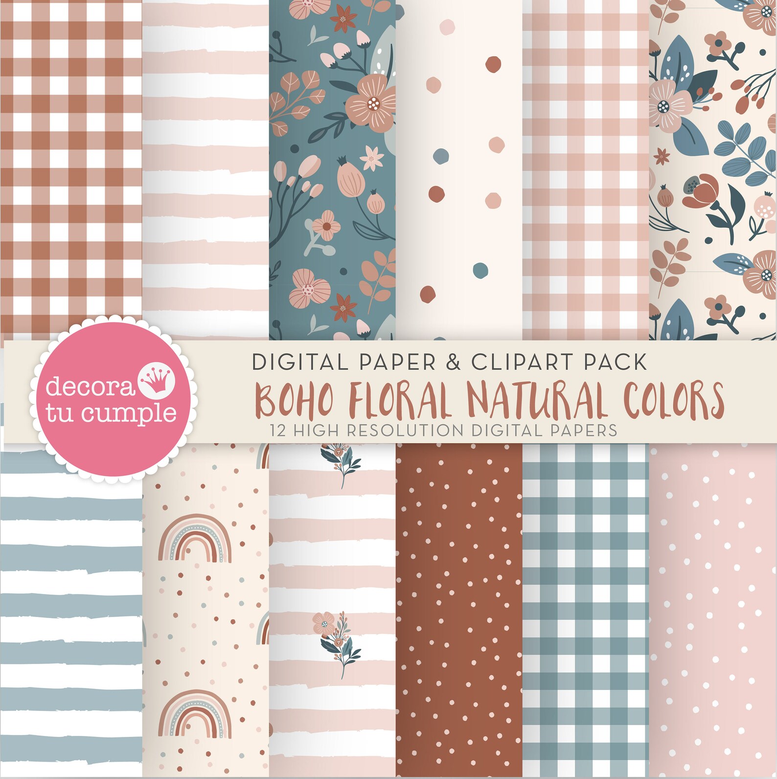 Boho Rainbow Floral Digital Papers and Cliparts Boho Rainbow - Etsy