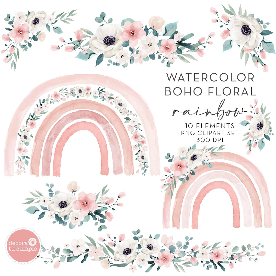 Boho Rainbow Floral Clipart Set, Watercolor Flowers (instant Download ...