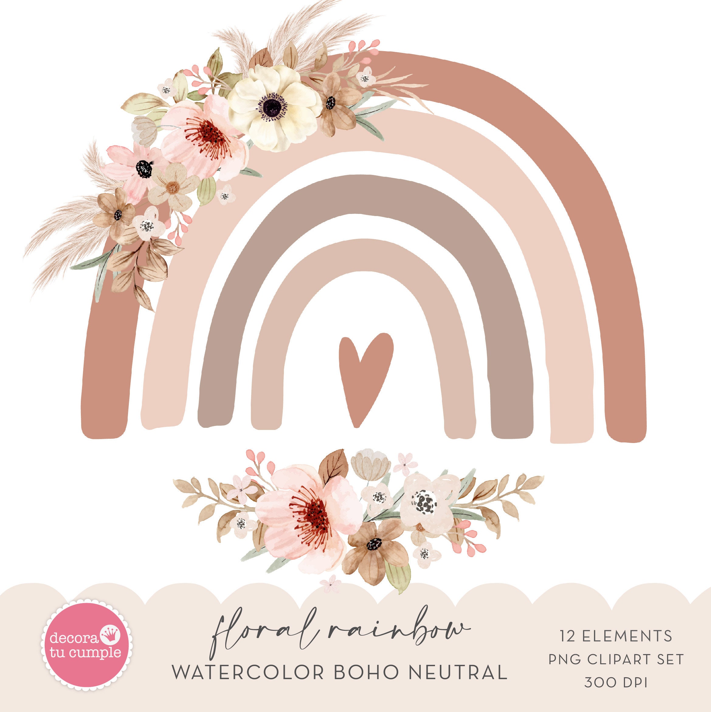Boho Rainbow Floral Clipart Set, Watercolor Earthy Neutral (instant ...
