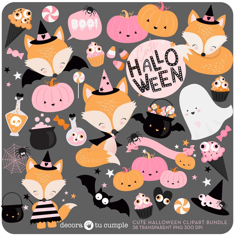 Cute Halloween Fox Woodland Clipart Set Pink Halloween | Etsy