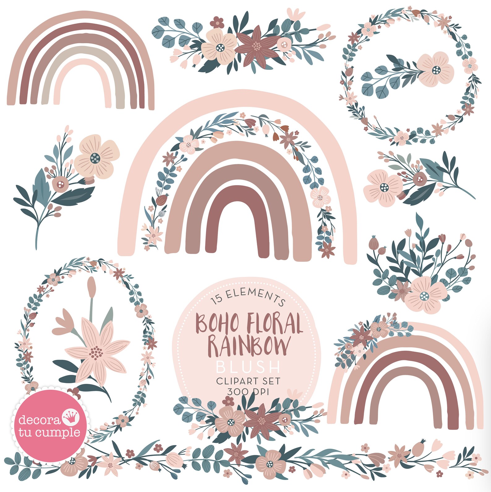 Boho Rainbow Floral Clipart Set Boho Rainbow Blush Dusty - Etsy Finland