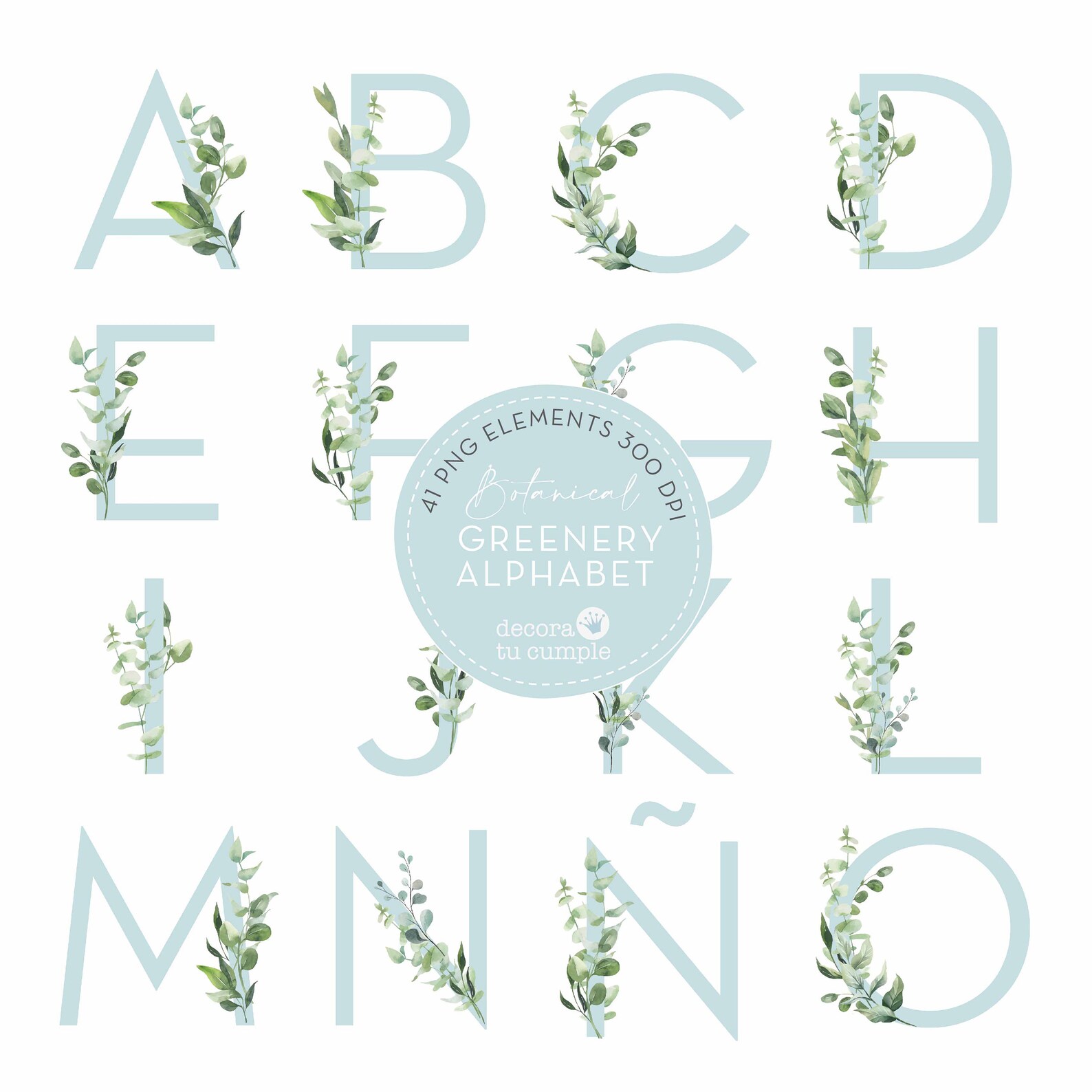 Light Blue Green Eucalyptus Leaves Alphabet Ampersand Number | Etsy