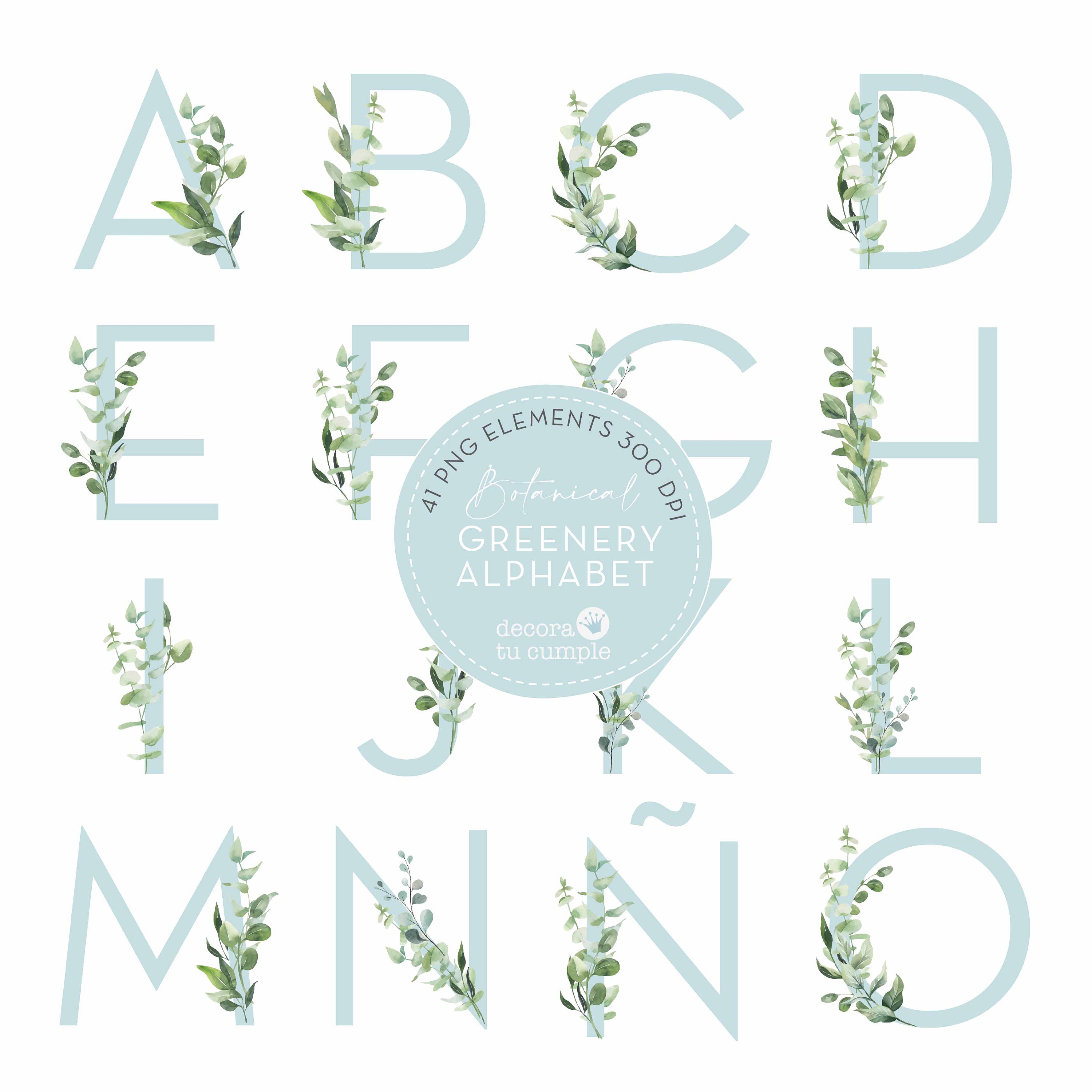 Light Blue Green Eucalyptus Leaves Alphabet Ampersand Number | Etsy