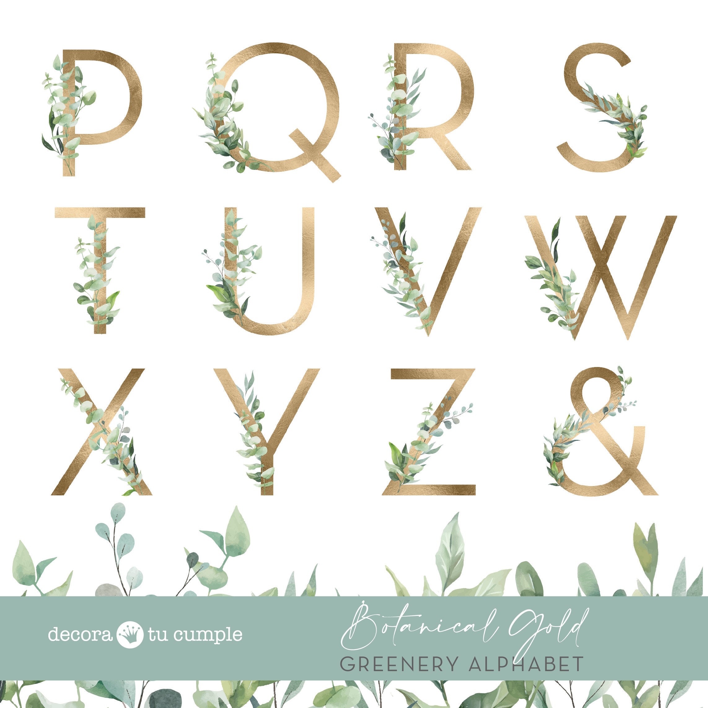 Gold Greenery Cliparts Leaves Watercolor Alphabet Wedding - Etsy