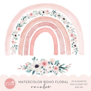 Boho Rainbow Floral Clipart Set, Watercolor Flowers (instant Download ...