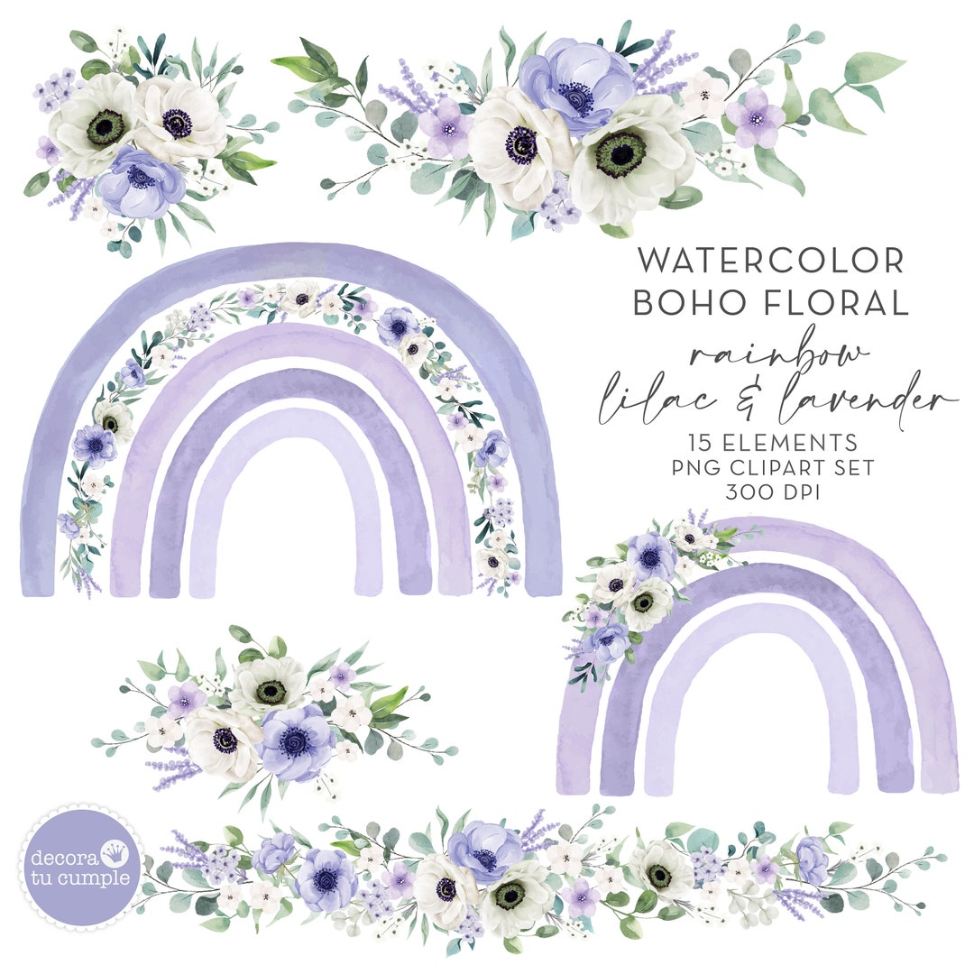 Purple Boho Rainbow Floral Watercolor Lilac and Lavender Clipart Set ...