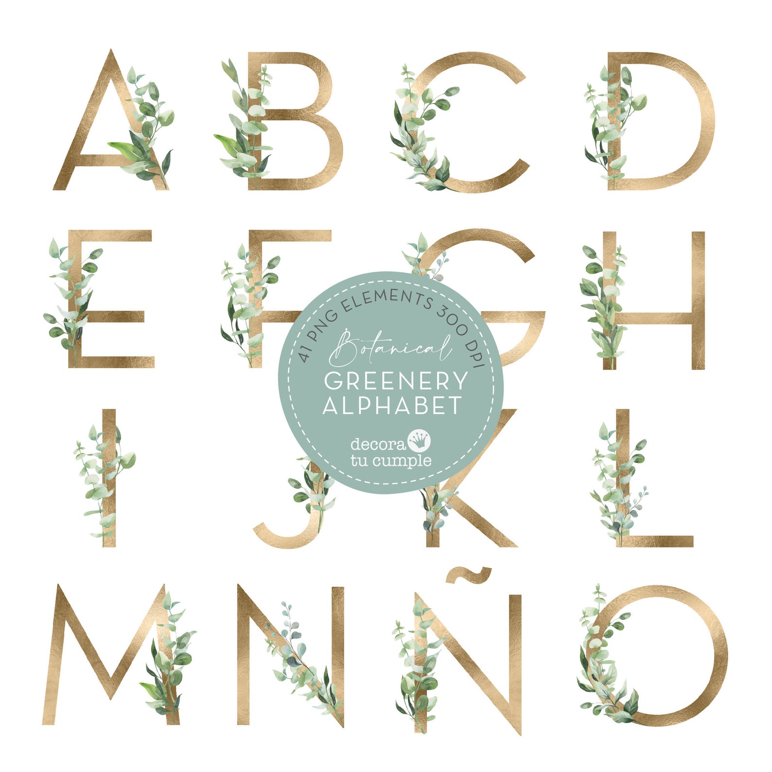 Gold Greenery Cliparts Leaves Watercolor Alphabet, Wedding Monogram ...