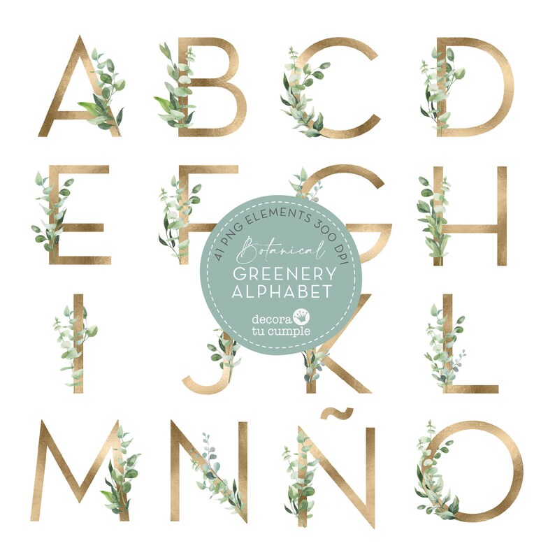 Gold Greenery Cliparts Leaves Watercolor Alphabet Wedding - Etsy
