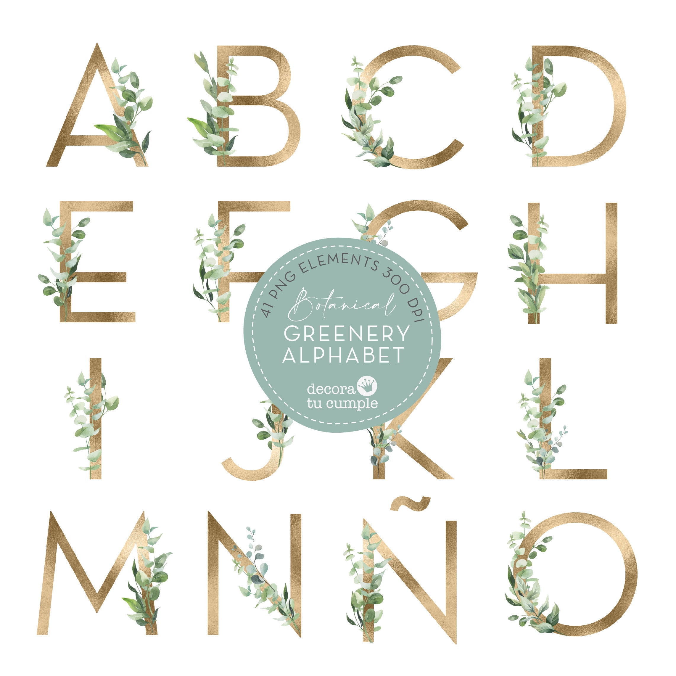 Gold Greenery Cliparts Leaves Watercolor Alphabet Wedding - Etsy