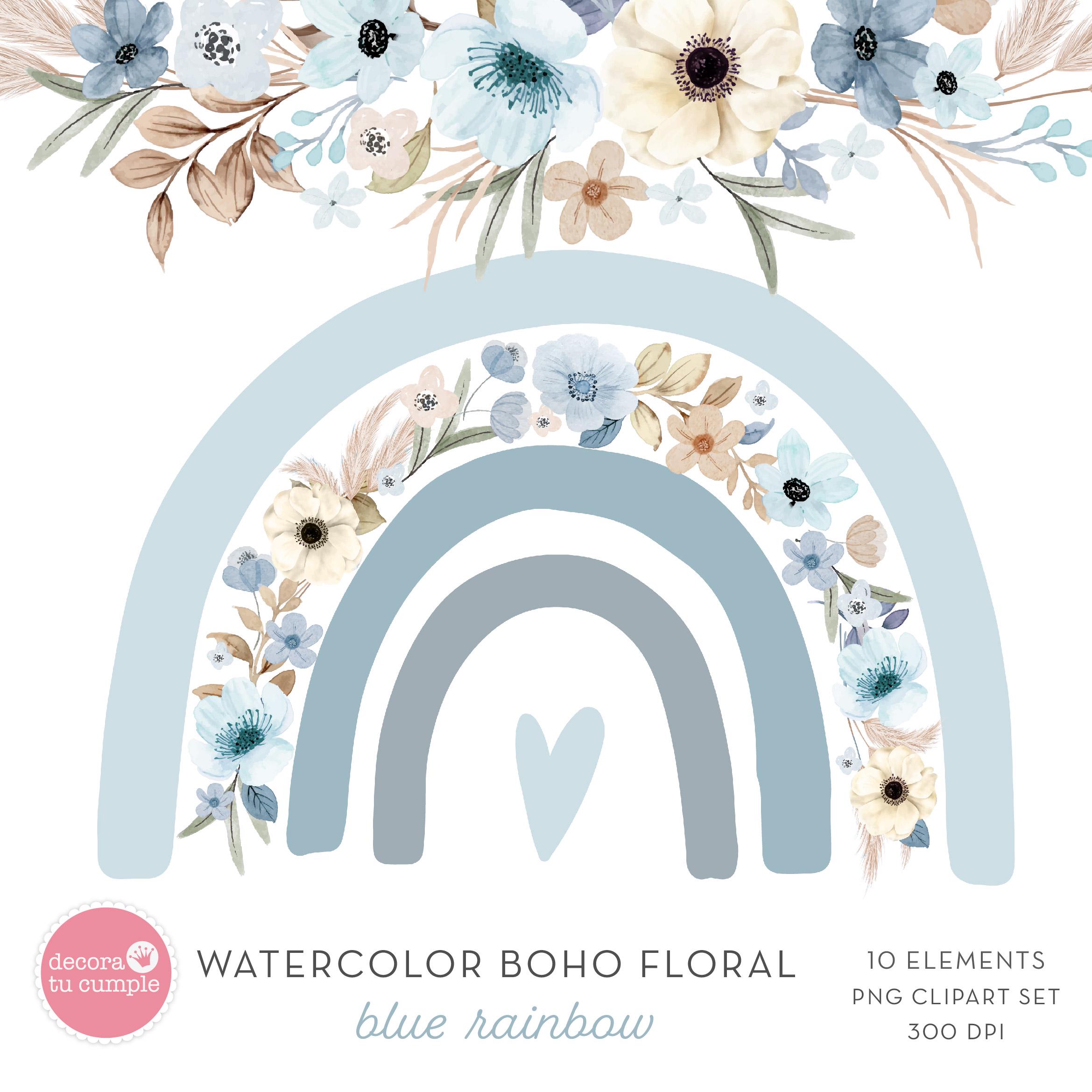 Boho Rainbow Floral Clipart Set, Blue Watercolor (instant Download) - Etsy