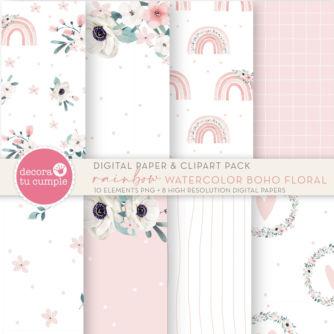 Boho Rainbow Floral Watercolor Digital Paper Set (instant Download) - Etsy
