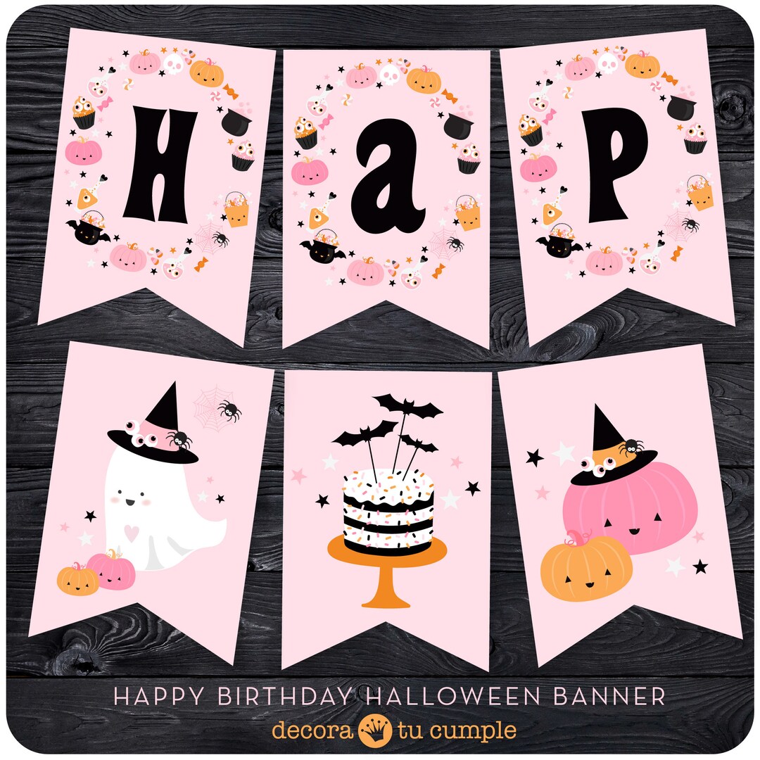 Happy Birthday Halloween Banner Pink Pink Ghost Birthday Party ...