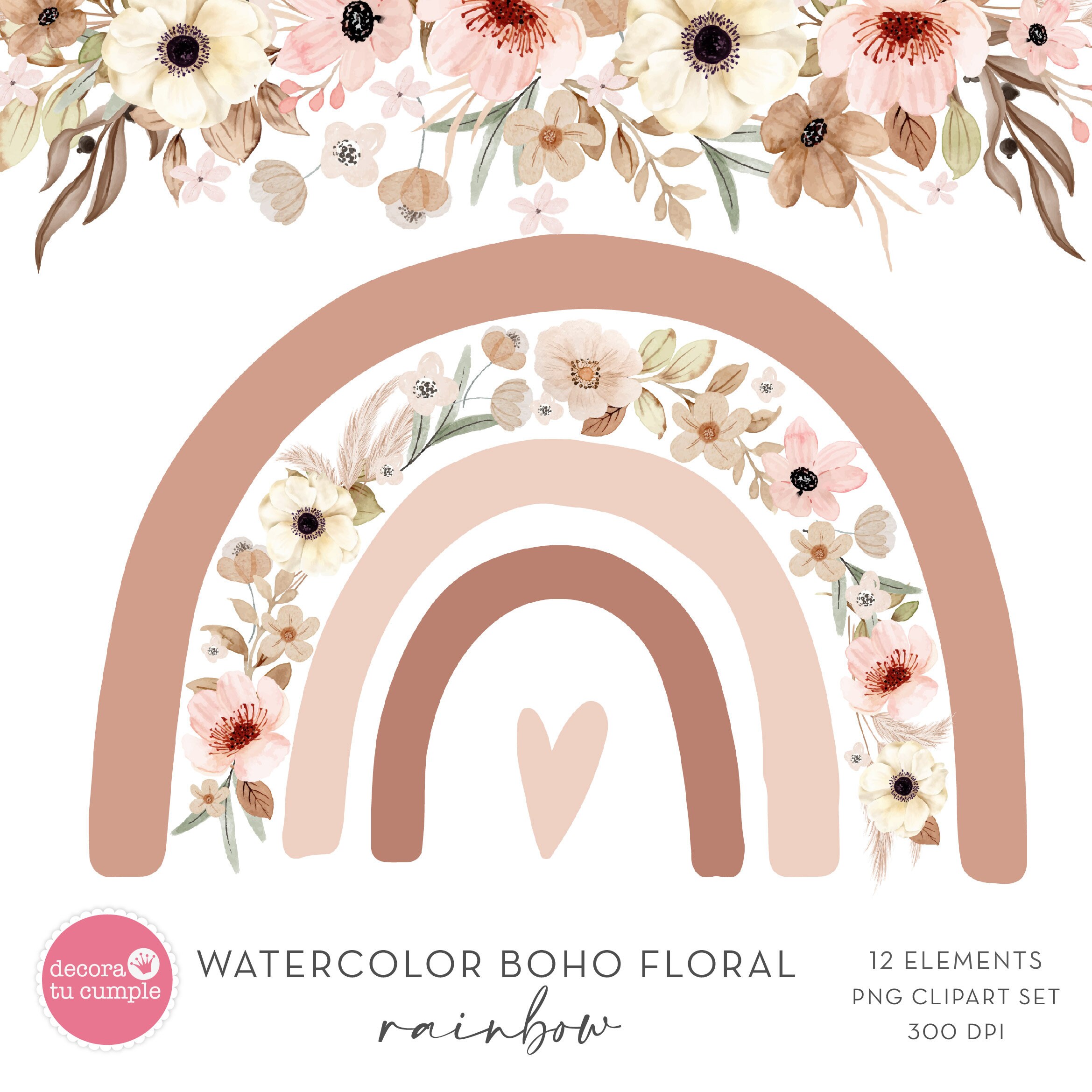 Boho Rainbow Floral Clipart Set, Watercolor Earthy Neutral (instant ...