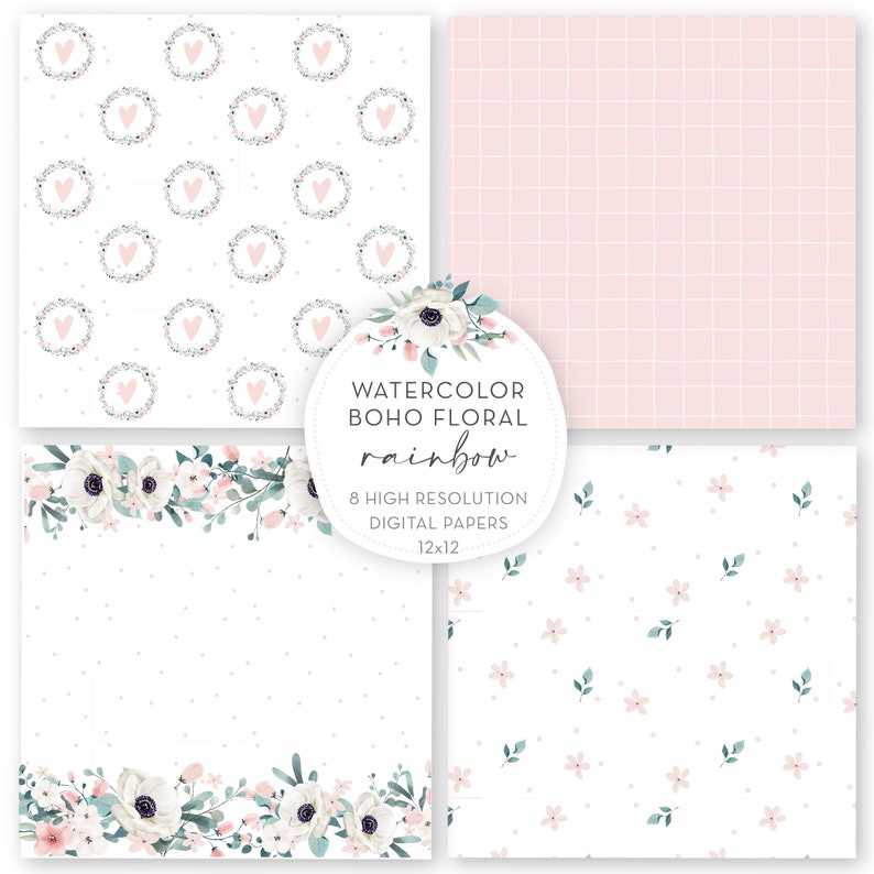 Boho Rainbow Floral Watercolor Digital Paper Set (instant Download) - Etsy