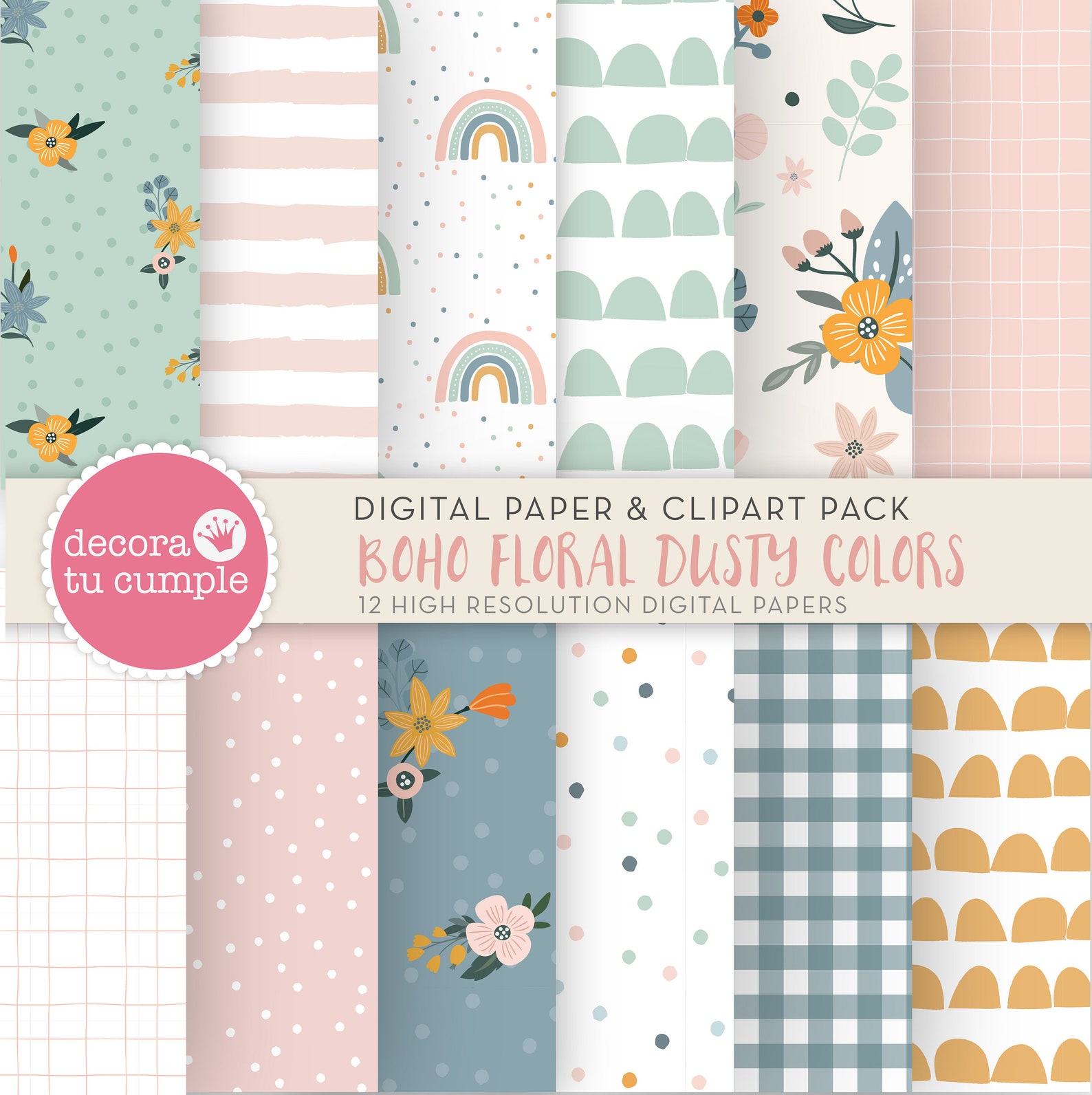 Boho Rainbow Floral Digital Papers and Cliparts Boho Rainbow - Etsy