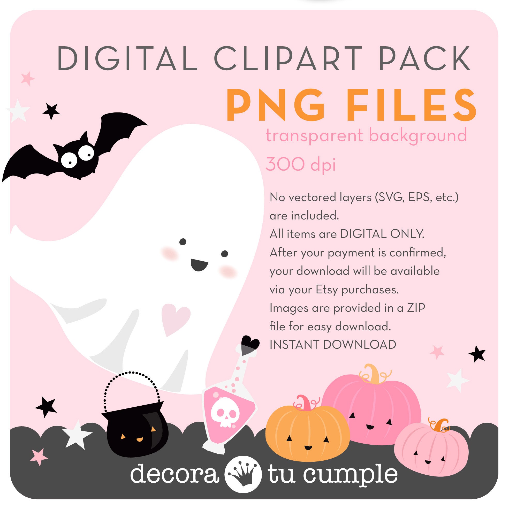 Cute Pink Halloween Clipart Set Transparent Background PNG - Etsy